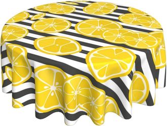 AOOEDM Gelbe Zitrone mit schwarzen weißen Streifen Runde Tischdecke | 60 Zoll Durchmesser | Runde Tischabdeckung | Tischdeko | Staubdicht Falten | Buffettisc