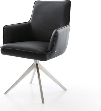 DELIFE Drehstuhl Heira-Flex mit Armlehnen Echt-Leder Schwarz Kreuzgestell breit Edelstahl 360° drehbar Wippfunktion Taschenfederkern, Esszimmerstühle