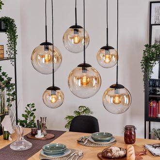 HOFSTEIN Hängeleuchte Gastor, 6-flammige Hängelampe aus Metall/Glas in Schwarz/Bernstein/Klar, moderne Pendelleuchte im Retro/Vintage-Design (Schirme Ø 20; 25;