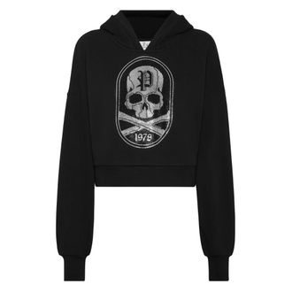 Philipp Plein Femme, Sweatshirts et sweats &agrave; capuche, Noir, Taille: 36 FR Cropped Sweat &agrave; capuche SweaT-shirt Strass Skull&Bones