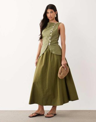 Asos Robe longue aspect lin coupe gilet de tailleur avec jupe en popeline - Olive-Vert