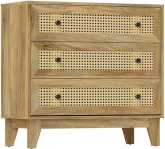 HOMCOM Commode 3 tiroirs Meuble de Rangement cannage en rotin 80 x 35 x 76 cm Aspect Bois Clair