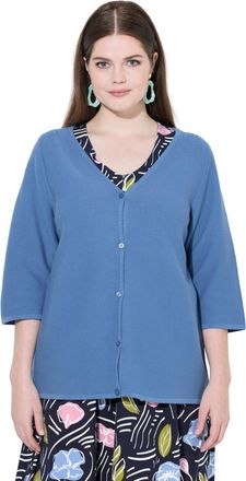 Ulla Popken Damen gro&szlig;e Gr&ouml;&szlig;en &Uuml;bergr&ouml;&szlig;en Plus Size Strickjacke, V-Ausschnitt, 3/4-Arm, Biobaumwolle kornblumenblau 42+ 826647710-42+