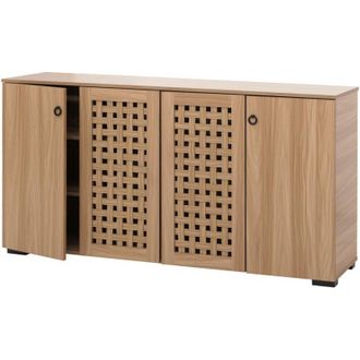 Hhg Jamais utilisé] Sideboard HHG 363, commode armoire buffet, design 3D tressé 4 portes 9 compartiments de rangement 83x159x37cm, marron