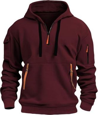 Jamron Homme Grande Taille Sweat à Capuche à Demi Zippé Veste de Sport Décontractée avec Multi Poches SN0708243 Bourgogne 4XL