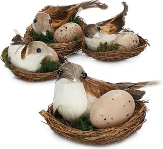 Com-Four 4X Osternest mit Sperling-Vogel und Ei - Oster-Deko - Mini-Vogelnest mit br&uuml;tendem Spatz - Fr&uuml;hlingsdeko (4 St&uuml;ck - Nest mit Vogel + Ei)