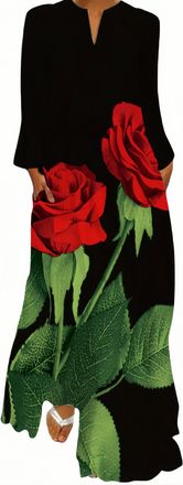 Ocean Plus Damen Fr&uuml;hlings- und Sommerkleid mit Langem Rock V-Ausschnitt Langen &Auml;rmeln mit Taschen und Lockerem Blumendruck (3XL, Rosen)