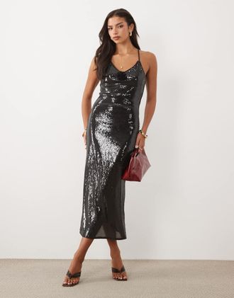 Vero Moda robe midi &agrave; fines bretelles &agrave; sequins marron chocolat