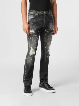 Philipp Plein Skinny-Fit Jeans aus Stretch-Denim in Distressed-Optik mit Nieten