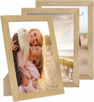 Photolini Bilderrahmen 18x24 cm Eiche Massivholz, breite Rahmen, 3er Set, modern, bruchsicheres Acrylglas, zum Aufhängen & Aufstellen, extra Zubehör - für Ihre 