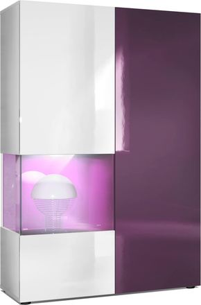 Vladon Vitrine Kommode Hochschrank Morena, Made in Germany, Korpus in Wei&szlig; matt/Rechte T&uuml;r und der Einsatz in Brombeer Hochglanz, inkl. LED Beleuchtung