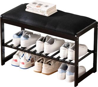 Generic Bambus-Sitzbank Mit 2 Ebenen Und Gepolsterter Sitzfläche for Eingangsbereich, Wohnzimmer, Schlafzimmer, Gepolstert, Großer Versteckter Raum, Leicht Zu