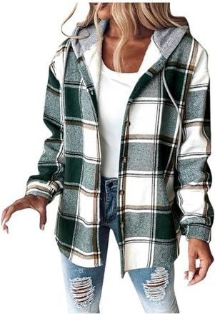 Generic Veste &agrave; carreaux pour femme &agrave; manches longues boutonn&eacute;e en polaire &agrave; capuche d&eacute;contract&eacute;e bloc de couleurs manteau chaud &agrave; carreaux automne hiver mant