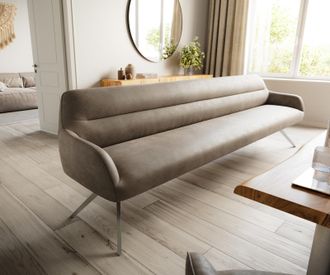 DELIFE Esszimmerbank Taya-Flex 300 cm Mikrofaser Taupe Vintage Kreuzgestell kantig Edelstahl Taschenfederkern, B&auml;nke