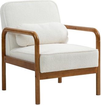 HOMCOM Fauteuil de Salon en Tissu Bouclette, Chaise Relax Moderne avec Coussin et Cadre en Bois dh&eacute;v&eacute;a, Fauteuil pour Chambre, Salon, Salle &agrave; Manger, Blanc
