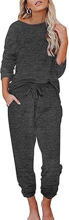 Ekouaer Ensembles de Pyjamas pour Femmes à Manches Longues Hiver Col Rond Vêtements de Nuit avec Poches Gris foncé XL