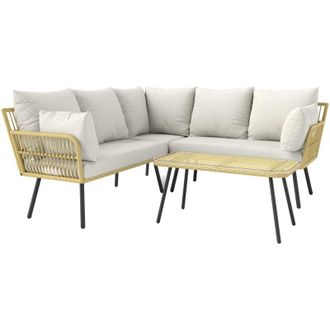 OUTSUNNY Salon de jardin dangle 5 places style boh&egrave;me chic - coussins, table basse inclus - r&eacute;sine tress&eacute;e aspect rotin