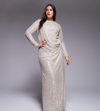 Jaded Rose Plus Modest - Gerafftes Maxikleid in Silber mit Pailletten