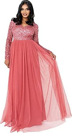 Maya Womens Ladies Dress Long Sleeve for Wedding Guest V Neck High Empire Waist Maxi Long Length Evening Bridesmaid Prom, Robe Femme, Vermillion, 6