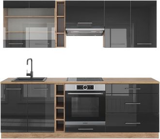 Vicco Küchenzeile Fame-Line, Anthrazit Hochglanz/Goldkraft Eiche, 235 cm ohne Arbeitsplatte