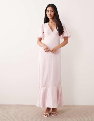 Lace & Beads Robe longue en jacquard satin&eacute; avec col V et ourlet &agrave; volants - Rose clair