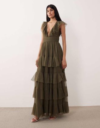 Lace & Beads Linvit&eacute;e - Robe longue en tulle &agrave; volants et manches &eacute;vas&eacute;es - Olive profond-Vert