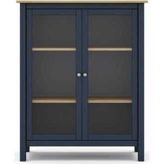 PEGANE Pegane - Vitrine en pin massif chêne et bleu, meuble de rangement avec 2 portes - Longueur 90 x Profondeur 40 x Hauteur 110 cm