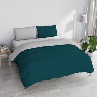 Italian Bed Linen Parure Copripiumino Ehebett, Leinen, Petrolio/Grigio, Doppelte