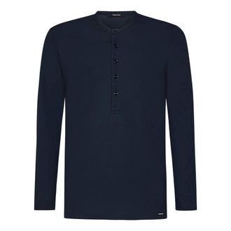 Tom Ford Homme, Tops, Bleu, Taille: 2XL T-shirt Henley bleu avec &eacute;tiquette logo
