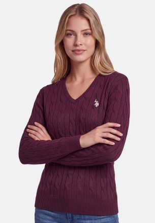U.S.Polo Association Rundhalspullover mit Zopfmuster und V-Ausschnitt Klassischer Strickpullover mit Rippb&uuml;ndchen und dezenter Logostickerei