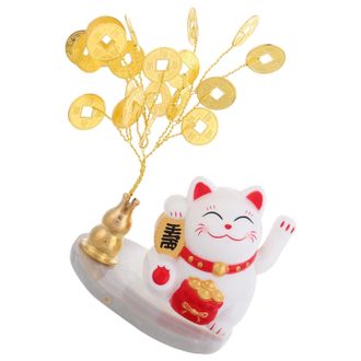 DOITOOL Gl&uuml;ckskatze Figur mit Geldbaum Bonsai Kleine Feng Shui Deko aus Kristall und Kunststoff Chinesische Gl&uuml;cksm&uuml;nzen f&uuml;r Zuhause und B&uuml;ro