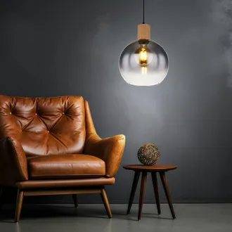Globo Lighting Pendelleuchte Esstisch Holz Esstischlampe Industrial Esszimmerlampe H&auml;ngeleuchte, Metall Glas rauch, 1x E27 Fassung, DxH 25x120 cm