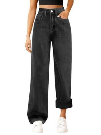 Minetom Jean Doubl&eacute; Polaire Femme Taille Haute Pants en Denim Thermique Hiver Chaud &Agrave; Jambes Larges Fourr&eacute; Ample D&eacute;contract&eacute; Trousers C Noir M