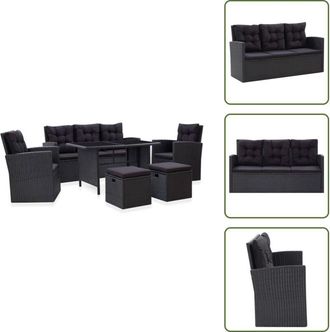 vidaXL 6-tlg. Garten-Lounge-Set mit Kissen Poly Rattan Schwarz - Outdoor M&ouml;bel - Garten Lounge Set - Rattan Gartenm&ouml;bel - Balkonm&ouml;bel - Esstisch