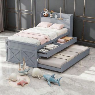 Generic Einzelbett 90x190 cm, Massivholz Kiefer Grau | Mit Schublade, Nachttisch, USB, Lattenrost | Jugendbett, Gästebett, Multifunktionsbett