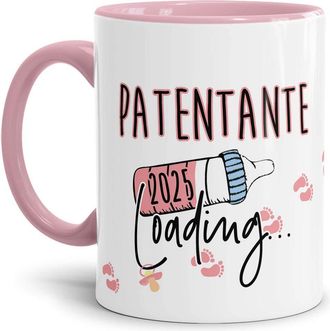 Tassendruck Tasse Du wirst Patentante 2025 - Geschenkidee/Ladebalken/Endlich Schwanger/Schwangerschaft verkünden/Baby - Rosa (300 ml, Keramik, Tasse mit Griff)