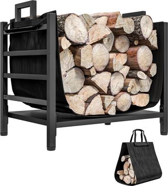 OUTSUNNY Kaminholzregal 49 x 34 x 44 cm Brennholzregal mit abnehmbarem Tragebeutel, Feuerholzregal für Outdoor, Indoor, bis 50 kg, Metall, Schwarz