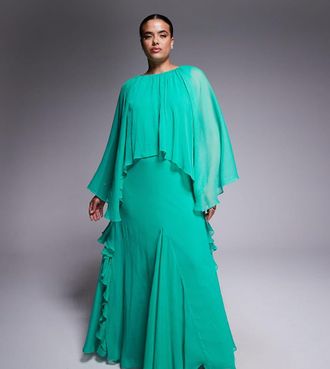 Asos Curve ASOS DESIGN Curve - Trapezf&ouml;rmiges Chiffon-Maxikleid in leuchtendem Aqua mit Overlay und R&uuml;schen-Blau