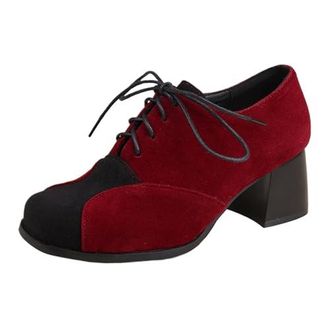 SJJH Chaussures Oxford pour femme Talon 5,5 cm | Velours synth&eacute;tique bicolore avec lacets | Casquette carr&eacute;e pour le bureau et les loisirs, rouge, 45 EU
