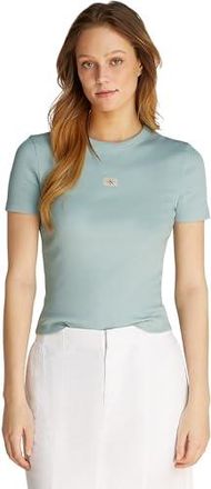 Calvin Klein T-Shirt Manches Courtes Femme Woven Label Rib Tee Slim Fit, Turquoise (Cloud Blue), L