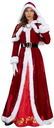 TiaoBug Femme Robe Mère Noël Père Costume Mere Noel en Velours Manches Longues Déguisement Lutin Elfe de Noël Costume Santa Claus Robe Robe Fête Soirée Elegan