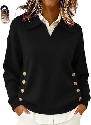 Generic Pull en tricot confortable avec boucle en m&eacute;tal pour femme - Col - Manches longues - Doux - Pour un usage quotidien, Noir, 3XL