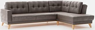 Cavadore Ecksofa Lima mit Ottomane / L-Form-Couch in Wildlederoptik mit Schlaffunktion + Bettkasten / Holzrahmen + Steppung im Rücken / Mikrofaser, Hellbraun
