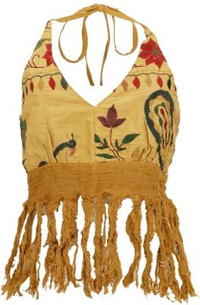 Guru Shop Goa Top, Psytrance, Bandeau Top, Dos Nu Frange, Femme, Vert, Coton, Taille : 36, terre de sienne, 38