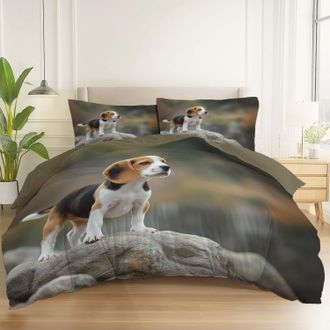 Generic Bettw&auml;sche Braunesgr&uuml;n, Weich Mikrofaser Bettw&auml;sche-Sets Bettbezug Niedlicher Beagle Fotografie Druck Set, mit Kissenbez&uuml;ge, mit Rei&szlig;verschluss 135 x 