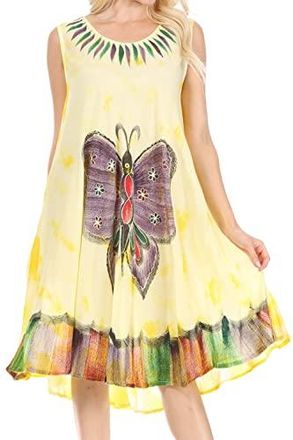 Sakkas 217-Sakkas Robe Mi-Longue Tie and Dye Papillon Débardeur Gaine Caftan - Jaune - One Size