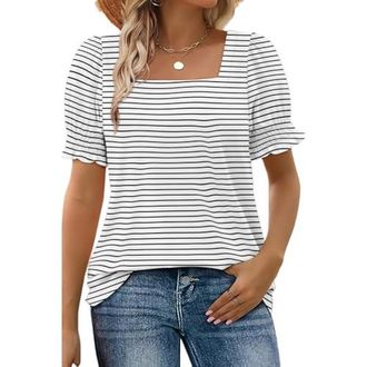 Generic T-shirt d&eacute;contract&eacute; &agrave; col carr&eacute; et manches smock&eacute;es pour femme, haut habill&eacute; et d&eacute;contract&eacute; &agrave; manches volant&eacute;es, Motif rayures Blanc, XXL