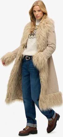 Superdry Langer Mantel in Taupe mit zotteligem Besatz-Neutral
