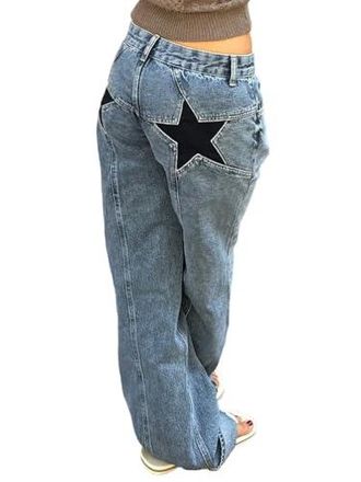 ORANDESIGNE Jean Baggy Femme Pantalon en Denim Imprimé Vintage Jambe Droite Y2K Streetwear