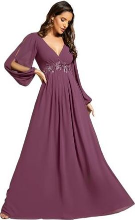 Ever-pretty Robe M&egrave;re de Mari&eacute;e Grande Taille Femme Longue Manche Longue Col V en Mousseline Applique Pliss&eacute; Prune 42